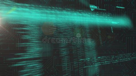 Digital Animation Of Computer Language Moving Against Electronic Circuit Board Patterns Stock