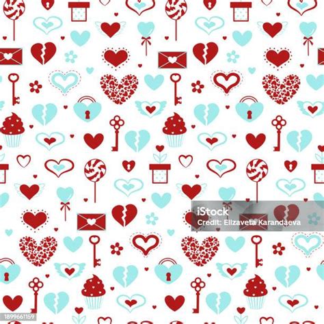 손으로 그린 하트와 다른 발렌타인 요소 원활한 패턴 흰색 배경에 빨간색과 파란색 디자인을 그리는 벡터입니다 0명에 대한 스톡 벡터 아트 및 기타 이미지 Istock