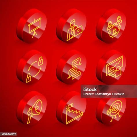 세트 라인 칠판 사업가 프로젝트 팀 기지 인적 자원 말풍선 채팅 교육 프리젠 테이션 메가폰 및 계단 마무리 플래그 아이콘 벡터