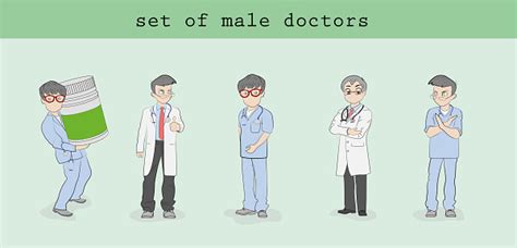 다양 한 포즈에 남자 의사의 집합입니다 손으로 그려 의료 디자인 및 인포 그래픽에 대 한 만화 벡터 일러스트 레이 션 간호사에 대한 스톡 벡터 아트 및 기타 이미지 Istock
