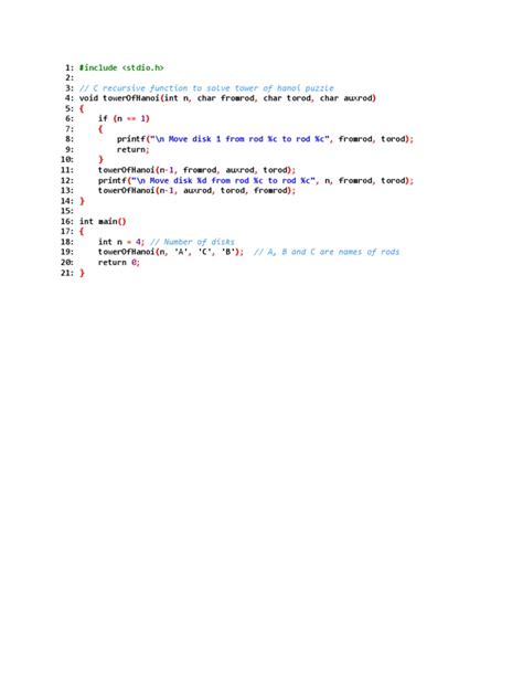 C Recursive Function To Solve Tower Of Hanoi Puzzle Include Pdf