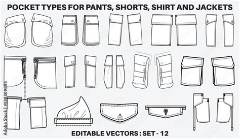 Patch Pocket Flat Sketch Vector Illustration Set Different Types Of