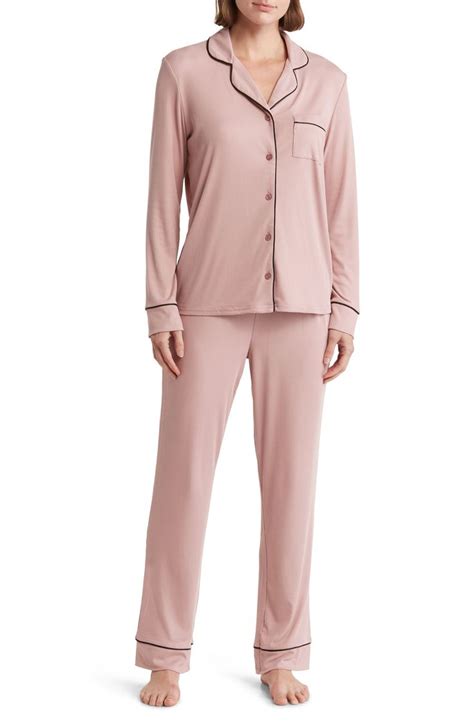 Nicole Miller Rib Long Sleeve Top And Pants Pipe Trim Pajamas Available