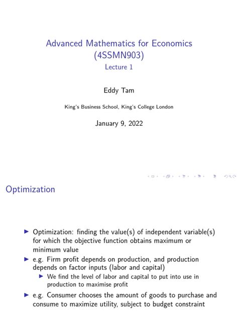 Lecture 1 Introduction To Optimization In Economics Pdf Mathematical Optimization