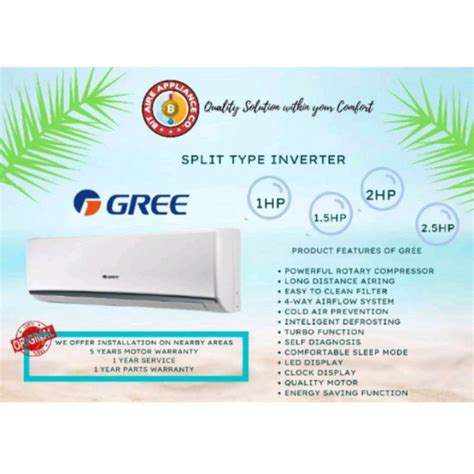 Gree 2 5hp To 4hp Split Type Inverter Aircon Shopee Philippines