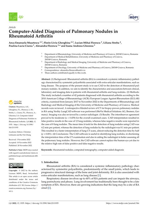 Pdf Computer Aided Diagnosis Of Pulmonary Nodules In Rheumatoid Arthritis