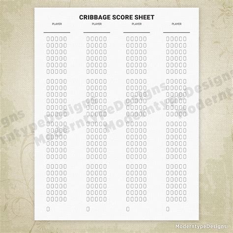 Cribbage Game Score Sheets Printable Chart Digital Download Gam007