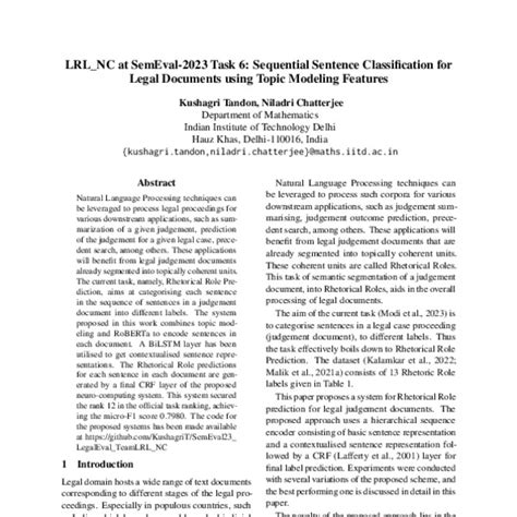 Lrlnc At Semeval 2023 Task 6 Sequential Sentence Classification For Legal Documents Using