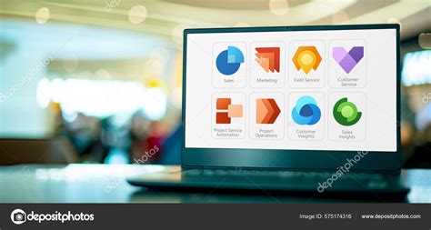 Poznan Pol May 2022 Laptop Computer Displaying Icons Microsoft Dynamics — Stock Editorial Photo