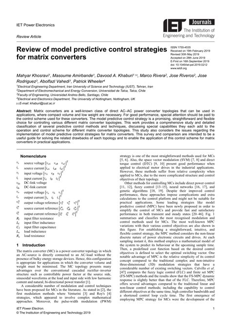 Pdf A Review Of Model Predictive Control Strategies For Matrix Converters