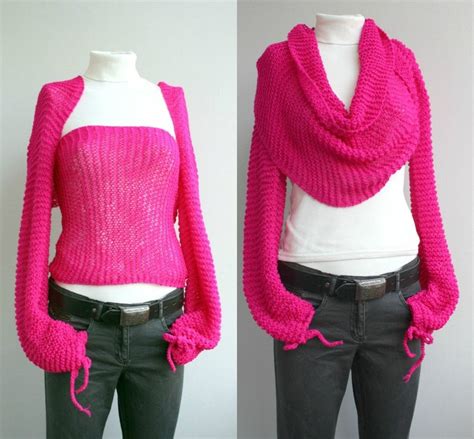Hand Knit Long Sleeves Fuchsia Pink Wrap Bolero Knit Fuchsia Pink Shrug Over Size Autumn
