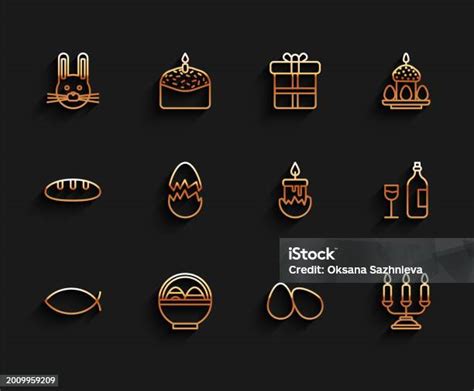 세트 라인 기독교 물고기 부활절 달걀 바구니 부활절 토끼 촛대 촛대 깨진 와인 병 유리 및 굽기 아이콘 벡터 검은색에 대한 스톡 벡터 아트 및 기타 이미지 Istock