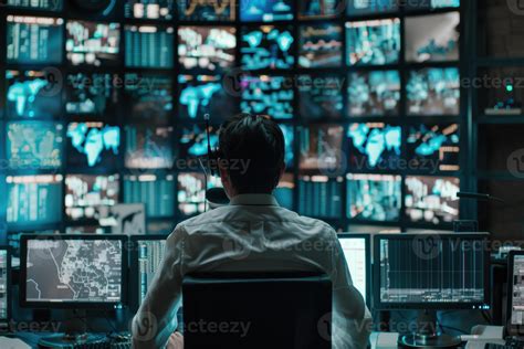 Analyst Monitoring Global Data Trends In A High Tech Control Room During Late Evening Hours