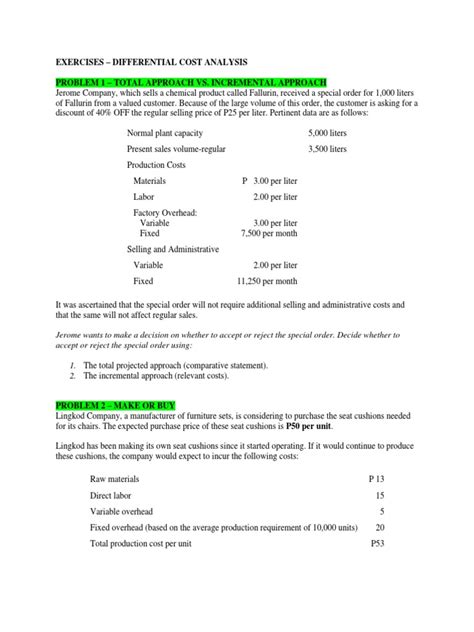 Exercises Differential Cost Analysis Relevant Costing Pdf Cost Of Goods Sold Paper