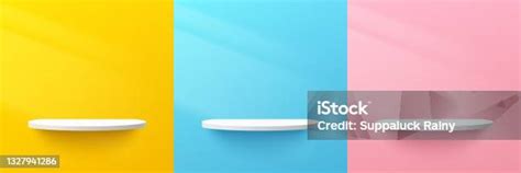 조명이 있는 옐로우 블루 핑크 파스텔 컬러 벽 장면의 추상3d 흰색 세미 서클 선반 또는 받침대 연단 세트 제품 디스플레이 프레젠테이션을 위한 벡터 렌더링 기하학적