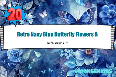 New Retro Navy Blue Butterfly Flowers Background Watercolor Png Kdp