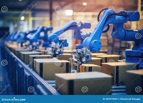 Advanced Robotic Handling Industrial Automation With Robotic Arms Packing Boxes In Warehouse