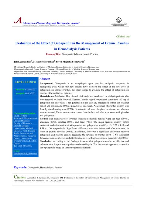 Pdf Evaluation Of The Effect Of Gabapentin In The Management Of Uremic Pruritus In