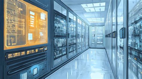 Futuristic Data Center With Complex Server Technology Stock