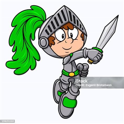 만화 벡터 기사 일러스트레이션 헬멧에 칼과 녹색 깃털 귀여운 아이 기사 중세 갑옷 의상 행복한 얼굴과 미소를 가진 기병 병사