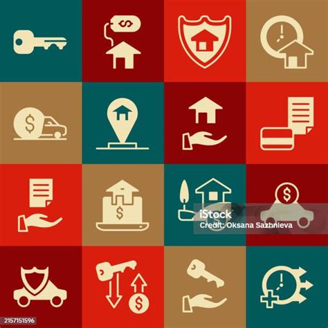 시계 자동차 렌탈 신용 카드 방패가 있는 집 위치 집 열쇠 및 부동산 중개인 아이콘을 설정합니다 벡터 0명에 대한 스톡 벡터 아트 및 기타 이미지 Istock