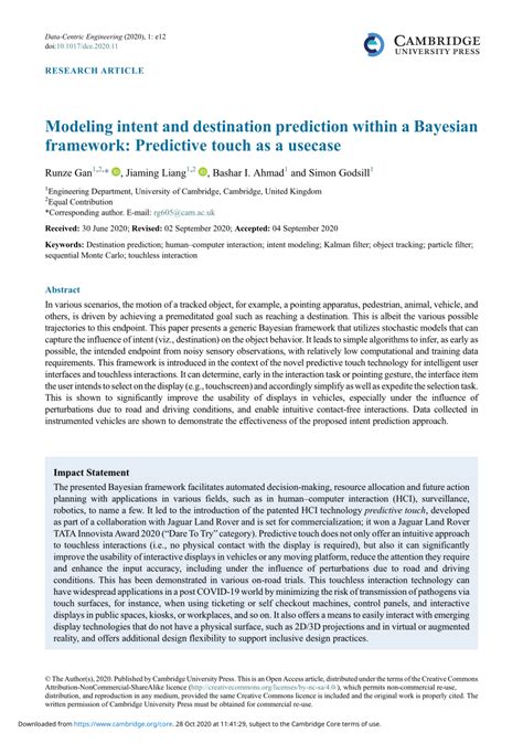 Pdf Modeling Intent And Destination Prediction Within A Bayesian Framework Predictive Touch