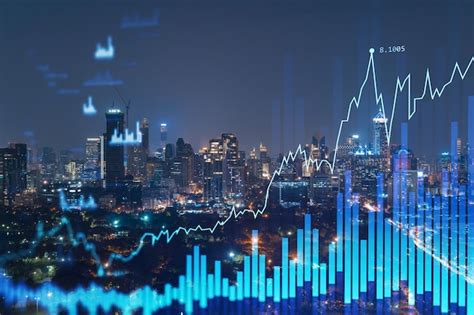 Forex 그래프 홀로그램 공중 밤 방콕의 파노라마 도시는 동남아시아의 주식 시장 연구원을 위해 개발된 위치 기본 분석의 개념 이중 노출 프리미엄 사진