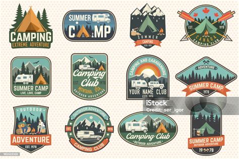 여름 캠프의 배지 벡터입니다 셔츠 나 인쇄 도장 패치 또는 티에 대 한 개념 도로에 대한 스톡 벡터 아트 및 기타 이미지 도로 로고 복고풍 Istock