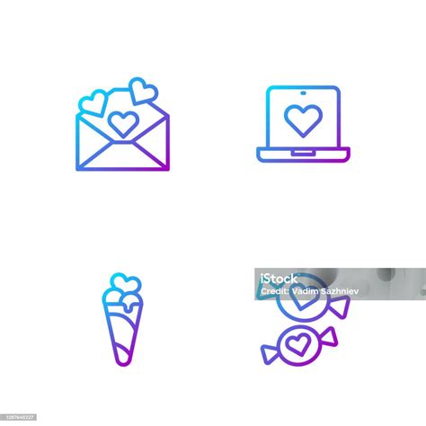 세트 라인 캔디 와플 콘의 아이스크림 발렌타인 하트와 데이트 응용 프로그램 온라인 봉투 그라데이션 색상 아이콘입니다 벡터 그라데이션에 대한 스톡 벡터 아트 및 기타 이미지