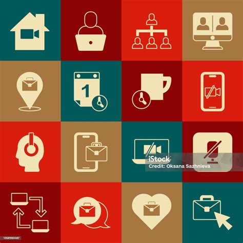 온라인 작업 음소거 마이크 비디오 카메라 오프 모바일 계층 구조 오르간 차트 시간 관리 가정 및 아이콘을 설정합니다 벡터 0명에 대한 스톡 벡터 아트 및 기타 이미지