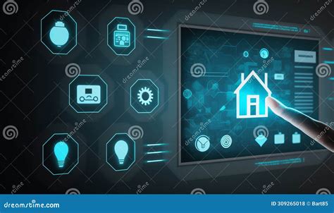 Smart Home Control Interface With Finger Touching Home Automation Button On Virtual Screen