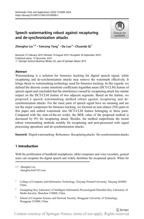 Speech Watermarking Robust Against Recapturing And De Synchronization Attacks Request Pdf