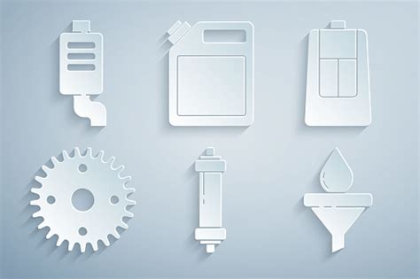 쇼크 업소버 리모컨이 있는 자동차 키 기어 깔때기 및 오일 방울 가솔린 및 머플러 아이콘용 캐니스터를 설정합니다 벡터 3차원 형태에 대한 스톡 벡터 아트 및 기타 이미지