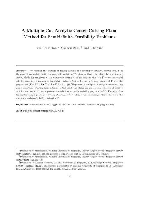 Pdf A Multiple Cut Analytic Center Cutting Plane Method For Semidefinite Feasibility Problems