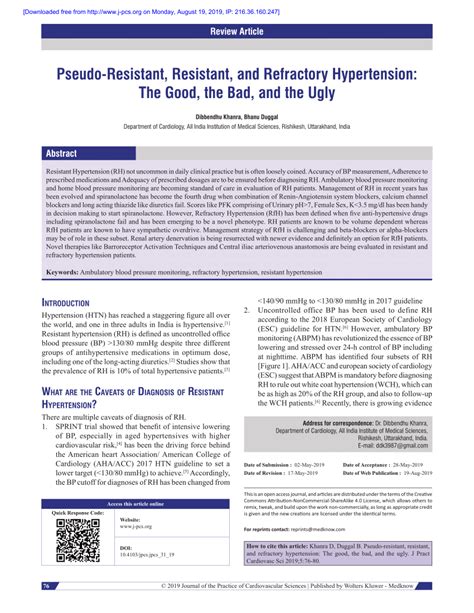Pdf Pseudo Resistant Resistant And Refractory Hypertension The Good The Bad And The Ugly