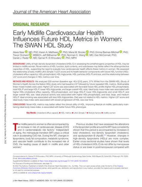 PDF Early Midlife Cardiovascular Health Influences Future HDL Metrics In Women The SWAN HDL Study