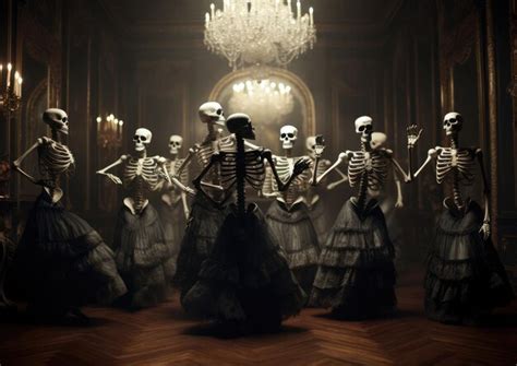 Scary Skeletons Dancing In A Haunted Ballroom Premium Ai Generated Image