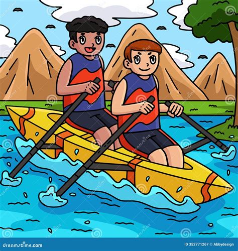 Rowing Pair Oarsmen Isolated Coloring Page Cartoon Vector