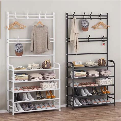 Avivi 【37】4 Layer Multifunctional Shoe Rack Organizer Simple Floor Coat Rack Shoe Hat Rack Black