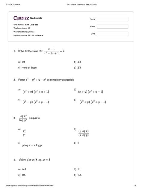 1virtual Math Quiz Bee Quizizz Pdf Function Mathematics Mathematical Analysis