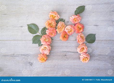 M Roses Flower Alphabet On Gray Wooden Background Flat Lay Stock