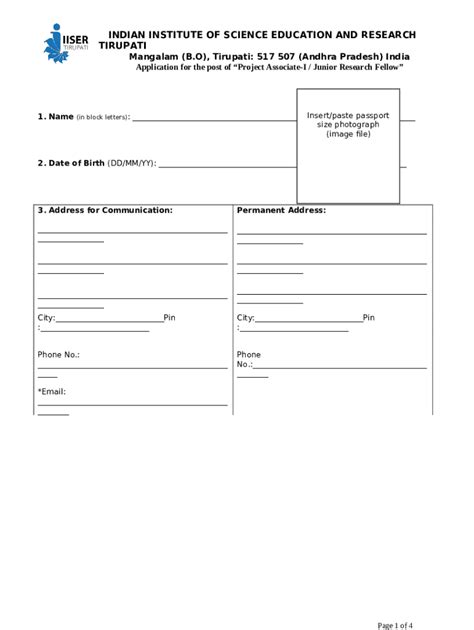 Iiser Tirupati Jrf Project Associate Application Pdf Doc Template Pdffiller