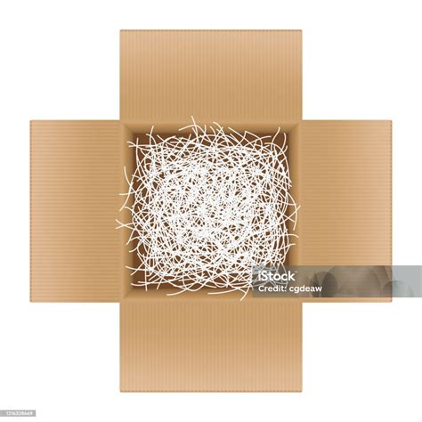 선물 팩을 위해 열려있는 골판지 상자 갈색에 흰색 파쇄 된 종이 포장을위한 상자 갈색 상단보기에 파쇄 된 종이 재활용 폐기물을위한 낙서 파쇄 된 종이 흰색으로 고립 된