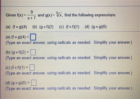 solved given f x 9 x 7 and g x 3 squareroot x find