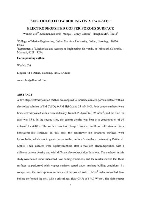 Pdf Subcooled Flow Boiling On An Electrodeposited Surface