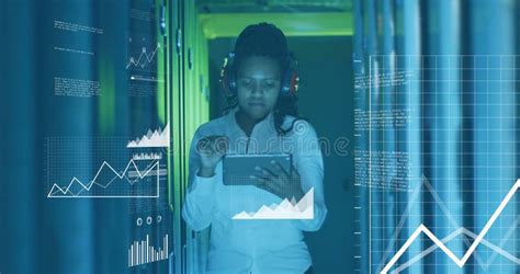 Image Of Graphs Data Map African American Female Engineer Checking Data Server In Server Room