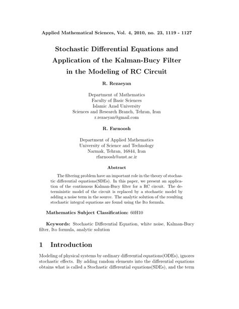 Pdf Stochastic Differential Equations And Application Of The Kalman Bucy Filter In The