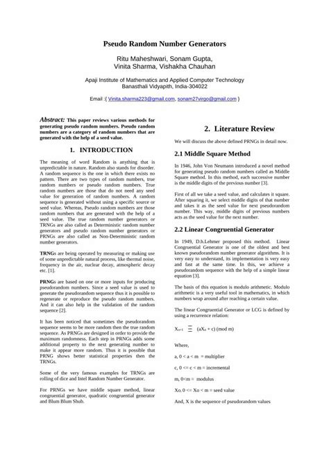 Pdf Pseudo Random Number Generators Paperpdf