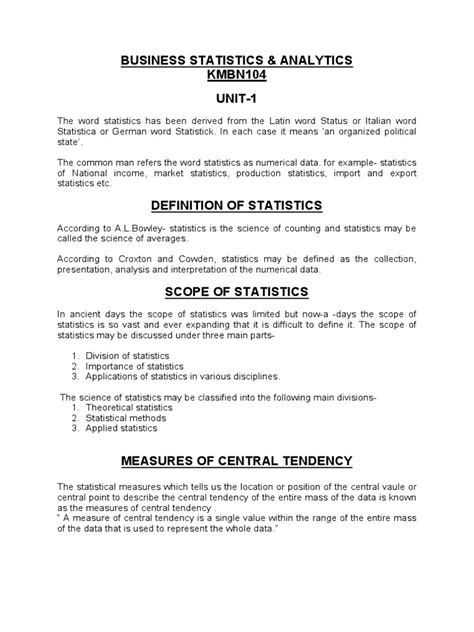 Business Statistics And Analytics Kmbn104 Unit 1 Pdf Mode Statistics Skewness