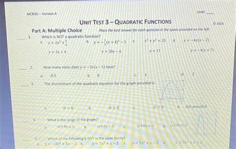Solved MCR3U Version A Level UNIT TEST 3 QUADRATIC Chegg Com